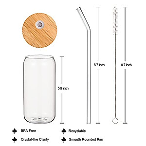 Drinking Glasses with Bamboo Lids and Glass Straw 4pcs Set - 16oz Can Shaped Glass Cups, Iced Coffee Glasses, Beer Glasses, Cute Reusable Bottle, Ideal for Whiskey, Tea, Gift - 2 Cleaning Brushes