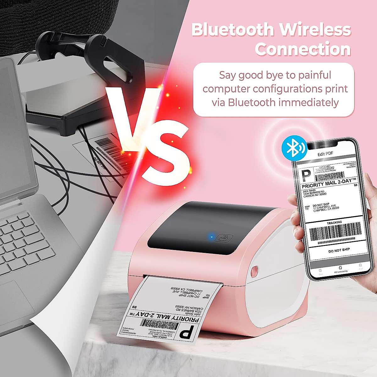 Bluetooth Thermal Shipping Label Printer 4X6 - Wireless Pink Thermal Label Printer for Shipping Packages & Small Business - Thermal Shipping Label Printer, Compatible with Phone, USPS, Shopify, Ebay