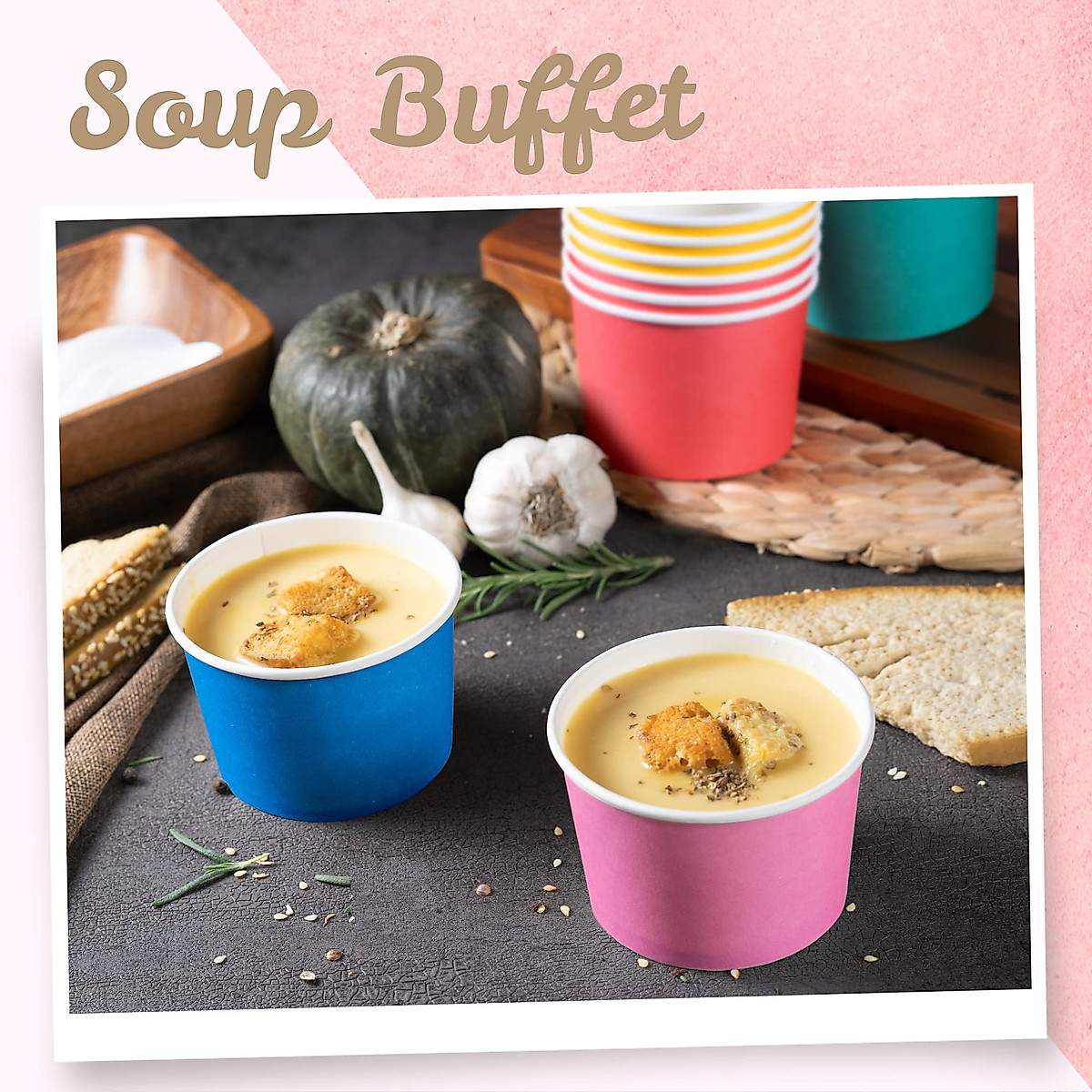 MATICAN Paper Ice Cream Cups, 50-Pack 9-oz Disposable Dessert Bowls for Hot and Cold, 9-ounce, Hot Pink, Baby Pink, Mint, Yellow, Blue