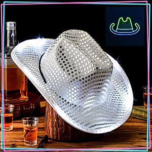 Tisancy 20 Pack Lights Cowboy Cowgirl Hat LED Flashing Hat Light Up Hat for Western Bachelorette Party Wedding Bridal(Silver,Trendy)