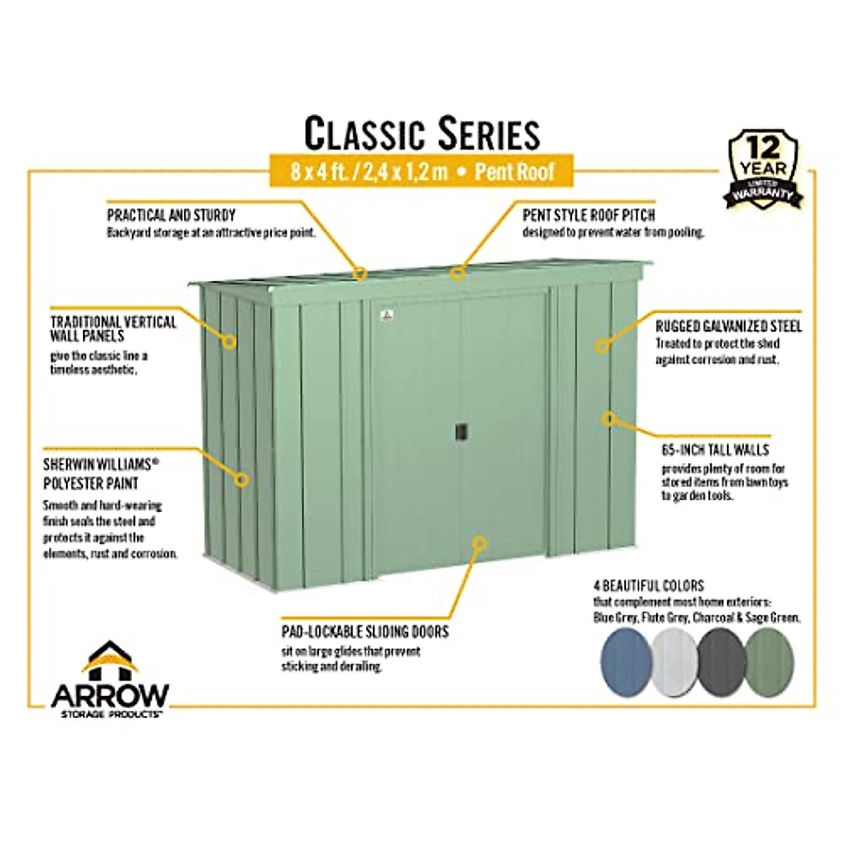 Arrow Shed Classic 8' x 4' Outdoor Padlockable Steel Storage Shed Building, Flute Grey