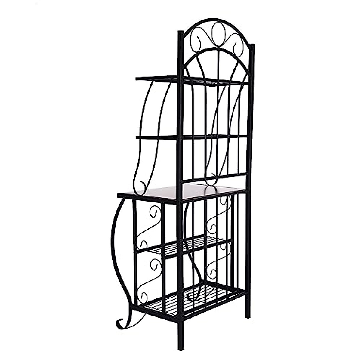 65 Inch 5 Tier Bakers Rack, Middle Wood Shelf, Carved Black Metal Frame