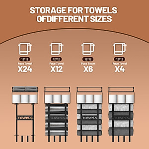 CENLEN Towel Racks for Bathroom Wall Mounted with 4 Hooks, Bathroom Towel Holder with Floating Shelves, Rolled Towel Shelf Organizer for Small Bathroom, Sturdy Metal & Wood, Black