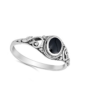 Filigree Simulated Black Onyx Polished Ring New .925 Sterling Silver Band Size 6