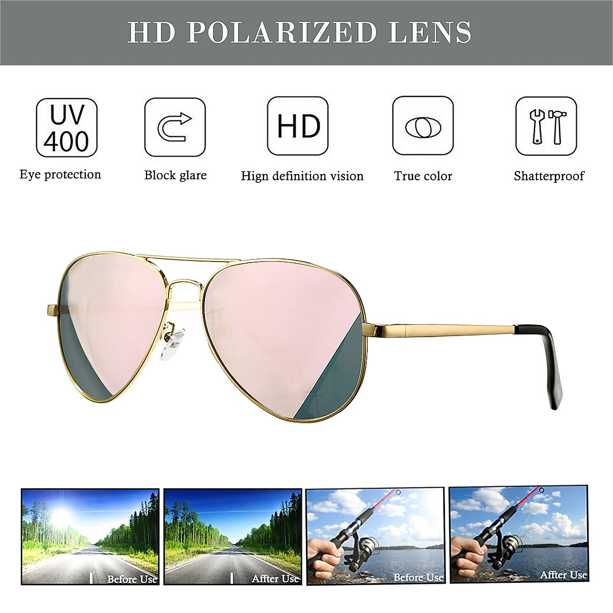 HJSTES Polarized Aviator Sunglasses for Women Men Classic Metal Shades Mirror Lens 100% UV Blocking, 58mm(Glod Frame/Pink Mirrored)