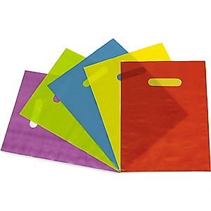 Plastic Bags with Handles - 9x12 Inch 100 Pack 1.25 Mil Merchandise Bags for Small Business, Multi Color Retail Shopping Totes in Bulk for Boutiques, Stores, Kids Birthdays , Party Favor, Goodies