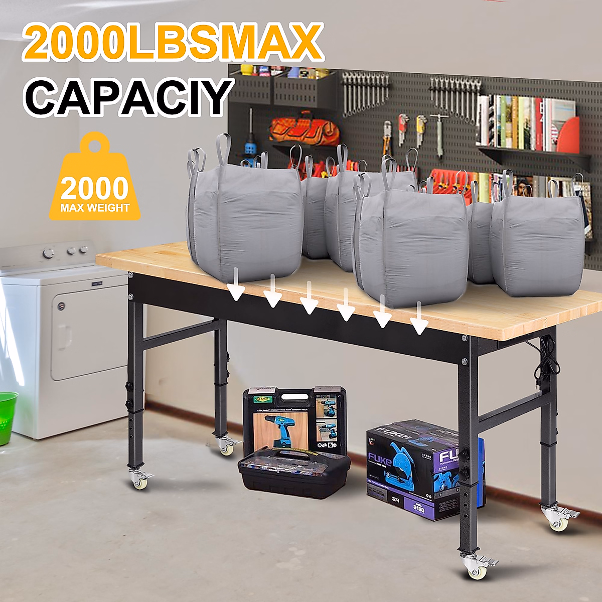 60" Adjustable Work Bench, Rubber Wood Top Workbench Heavy-Duty Work Table with Power Outlet with Wheels, 2000 LBS Load Capacity Hardwood Work Benches for Garage, Workshop, Home, Office, Easy Assembly