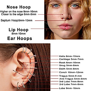 FIBO STEEL Cartilage Hoop Earrings for Men Women Stainless Steel CBR Hinged Clicker Nose Ring Helix Septum Couch Daith Lip Tragus Piercing Sleeper Earrings Jewelry Set Silver 18G 8MM