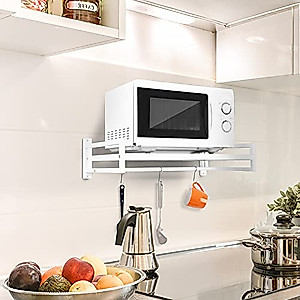 ABCOOL Wall Mount Microwave Oven Shelf Rack for Kitchen Home, Carbon Steel Counter Countertop Holder with Hook Rail and 3 Slidable Hooks