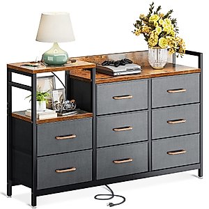 ODK Dresser with Charging Station, 52-Inch Long Dresser for Bedroom with 8 Storage Drawers, Fabric Dressers Chests of Drawers with Sturdy Steel Frame and Wooden Top, Vintage and Dark Grey
