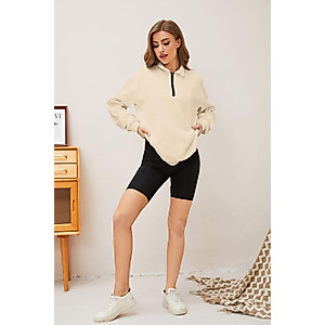 Meladyan Women's Half Zip Sweatshirt Oversized Long Sleeve Collar Drop Shoulder Solid 1 / 4 Zipper Pullover Coat, Apricot, Medium