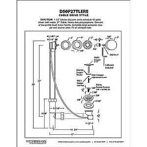 Westbrass D50P27TLERE-07 27" Cable Drive Bath Drain Trim with Rotary Overflow Cover Knob, Pop-Up Stopper and Poly Tubular Pipes & Fittings, Satin Nickel