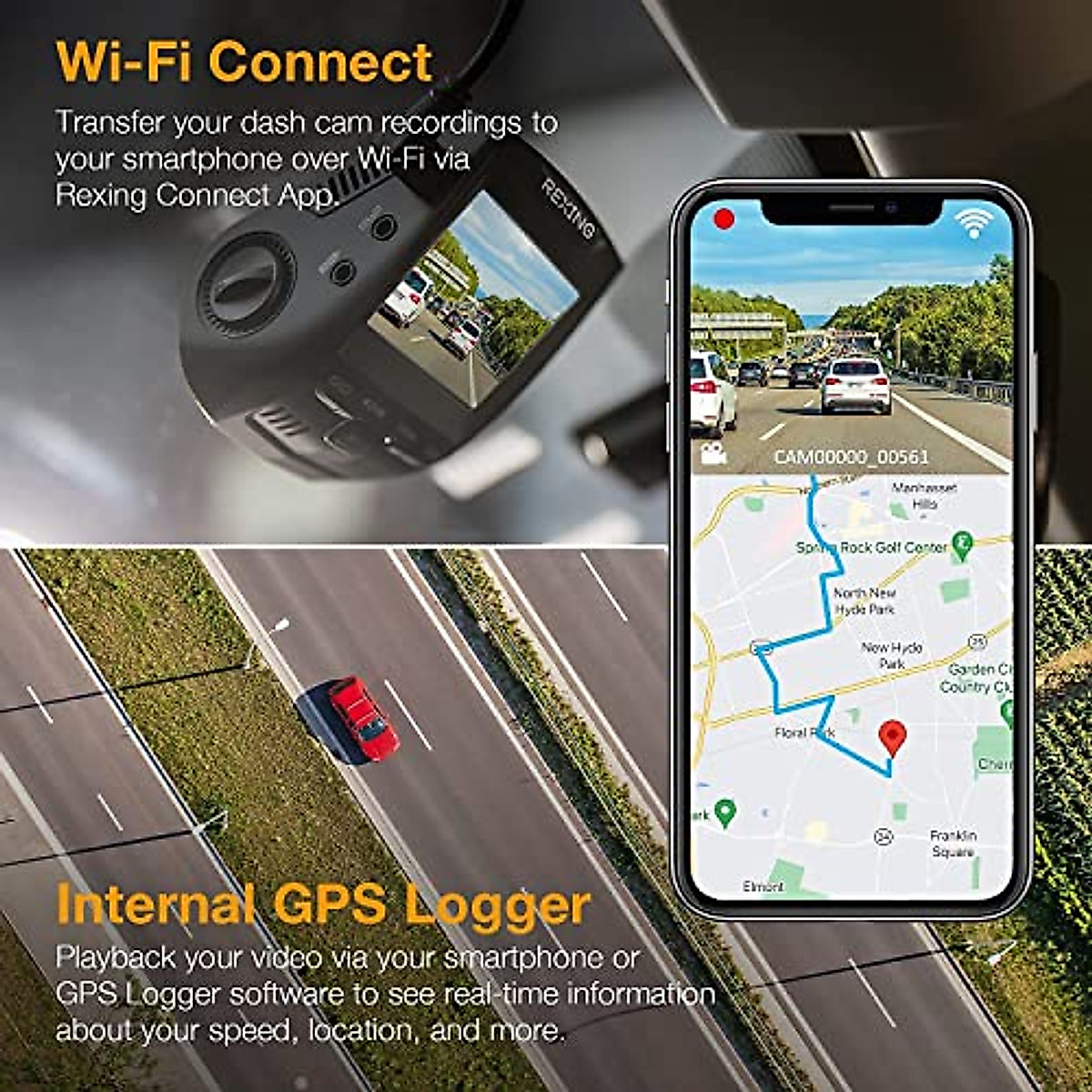 Rexing V1GW-4K Ultra HD Car Dash Cam w/Built-in GPS Logger, 2.4" LCD Screen,Wi-Fi,170° Wide Angle Dashboard Camera Recorder with G-Sensor, WDR, Loop Recording, Supercapacitor, Mobile App, up to 256GB