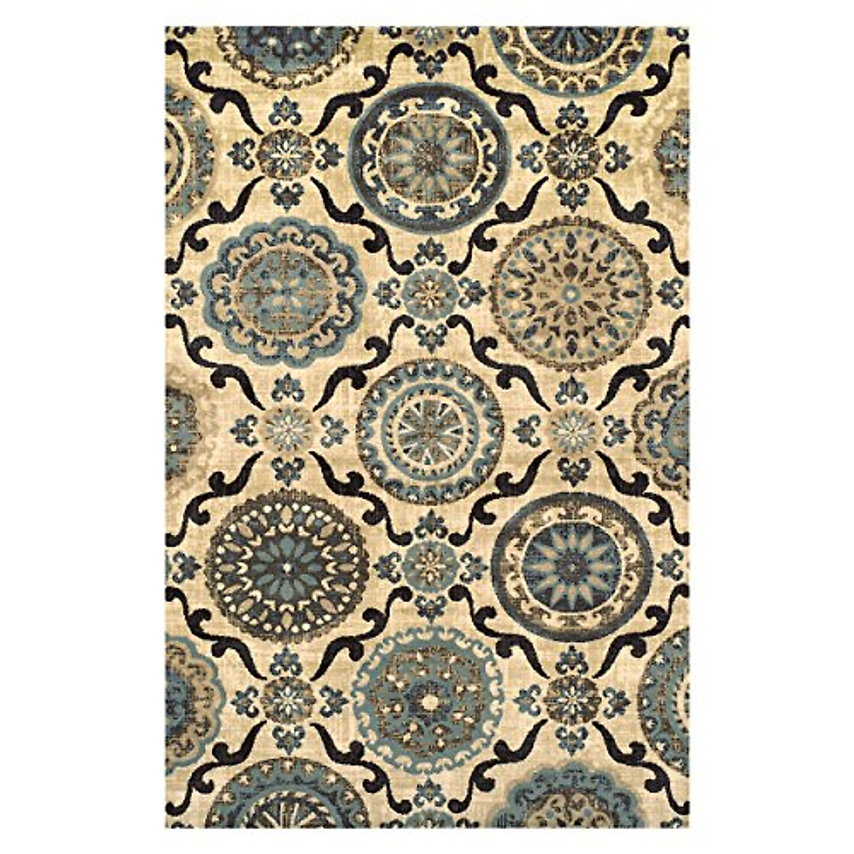 SUPERIOR Abner Collection Area Rug, 10mm Pile Height with Jute Backing, Fashionable and Affordable Rugs, Beautiful Scrolling Medallion Pattern - 5' x 8' Rug, Cream with Blue and Beige