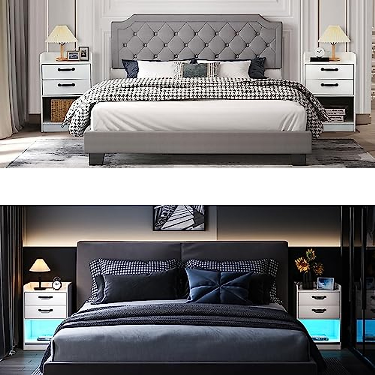 White Nightstand Set of 2 with Charging Station and LED Lights, Modern End Side Table with 2 Drawers and Open Storage for Living Room, Night Stands for Bedrooms Set of 2 White