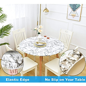 Rally Home Goods Indoor Outdoor Patio Round Fitted Vinyl Tablecloth, Flannel Backing, Elastic Edge, Waterproof Wipeable Plastic Cover, White Marble Pattern for 10-Seat Table of 57-72’’ Diameter