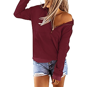 Floral Find Women's Long Sleeve Lapel Half Zip Up Sweatshirt Solid Stylish Loose Fit Casual Pullover Tops (Wine Red, XX-Large)