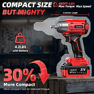 Cordless Impact Wrench 1/2 inch, 480Ft-lbs (650Nm) Brushless Power Impact Gun 1/2 drive w/ 4.0Ah Battery, 4 Sockets, 6 Screwdriver Bits, Fast Charger, Electric Impact Wrench for Car Tire