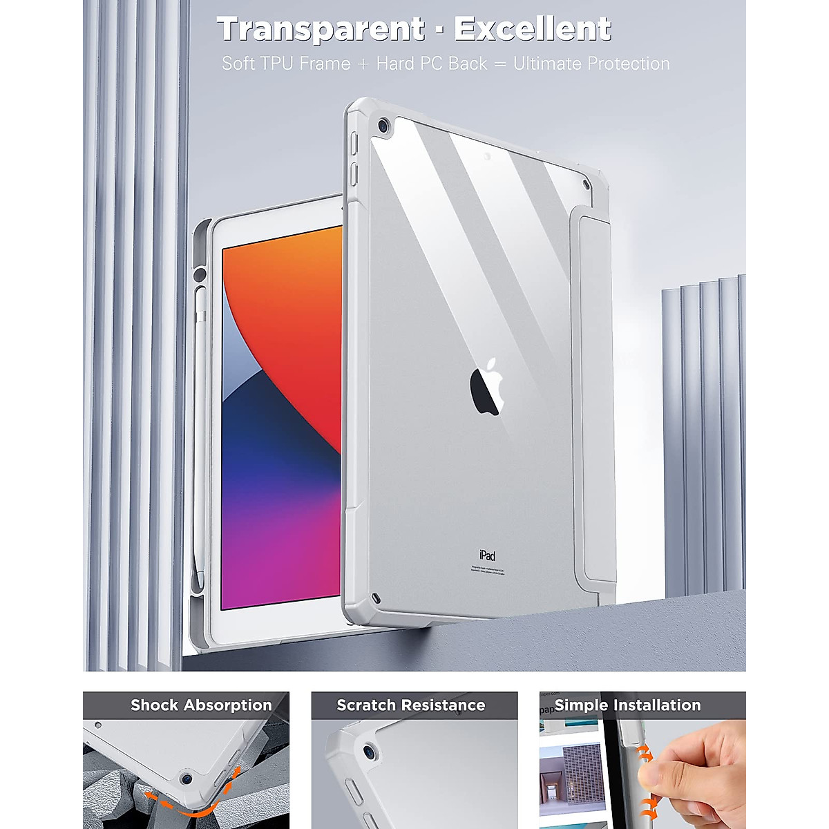 TiMOVO Case for iPad 9th Generation 2021, 10.2 inch iPad Case with Pencil Holder, Smart Stand Protective Clear Case Cover for iPad Case 9th/8th/7th (2021/2020/2019), Light Gray