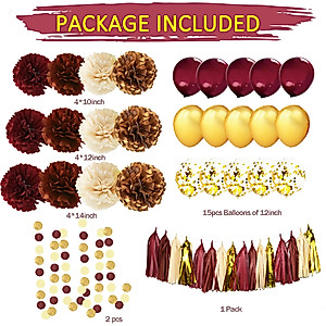 Burgundy Gold Birthday Party Decorations for Women Fall/Burgundy Gold Balloons/Big Size Tissue Pom Pom/Wedding/Fall Bridal Shower Decorations Retirement/Graduation Decorations Maroon Gold Class of 2023/FSU ASU Graduation