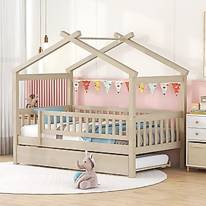 Twin Size House Bed with Trundle, Wooden Playhouse Kids Bed Frame with Roof and Fence, Montessori Style Bed with Guardrails for Kids, Teens, Boys, Girls, Natural.