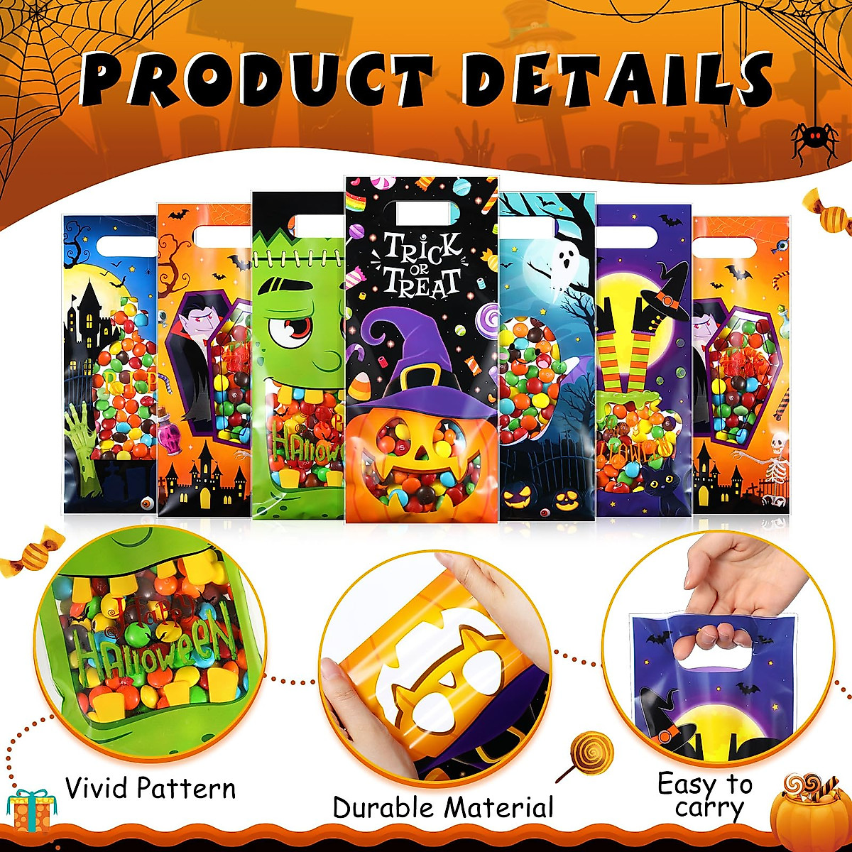 Pasimy 60 Pieces Halloween Treat Bags Plastic Halloween Candy Goodie Bags Bulk with Handle Witch Pumpkin Ghost Gift Bags for Halloween Trick or Treat Birthday Party Favor Supplies, 6 Design