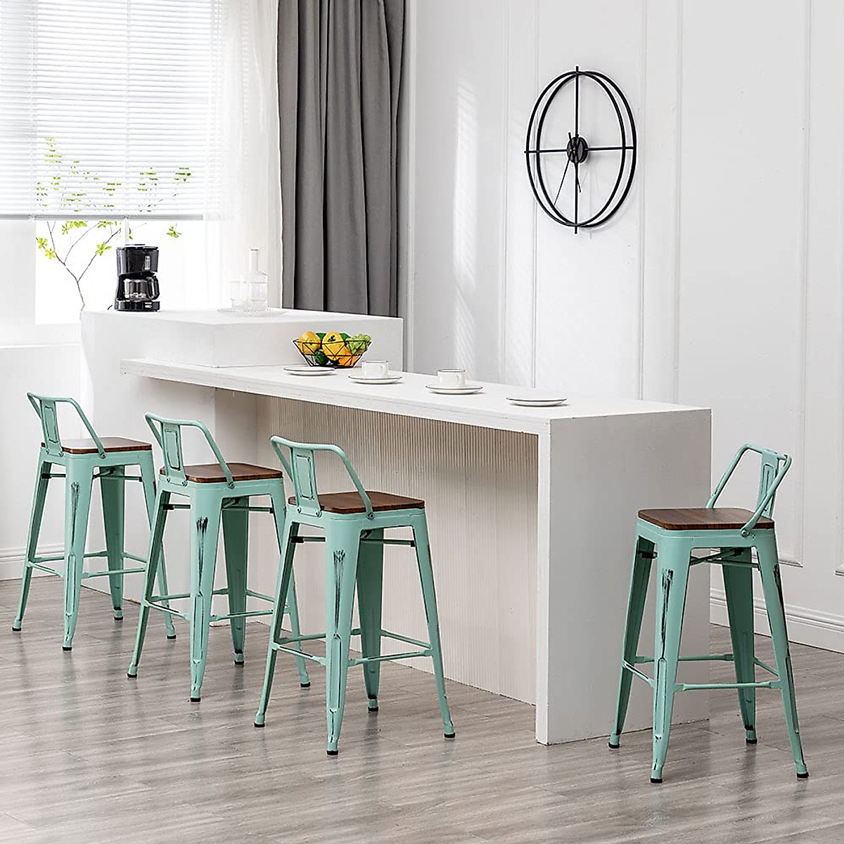 Andeworld Bar Stools Set of 4 Counter Height Stools Industrial Metal Barstools with Wooden Seats(24 Inch, Distressed Green Blue)