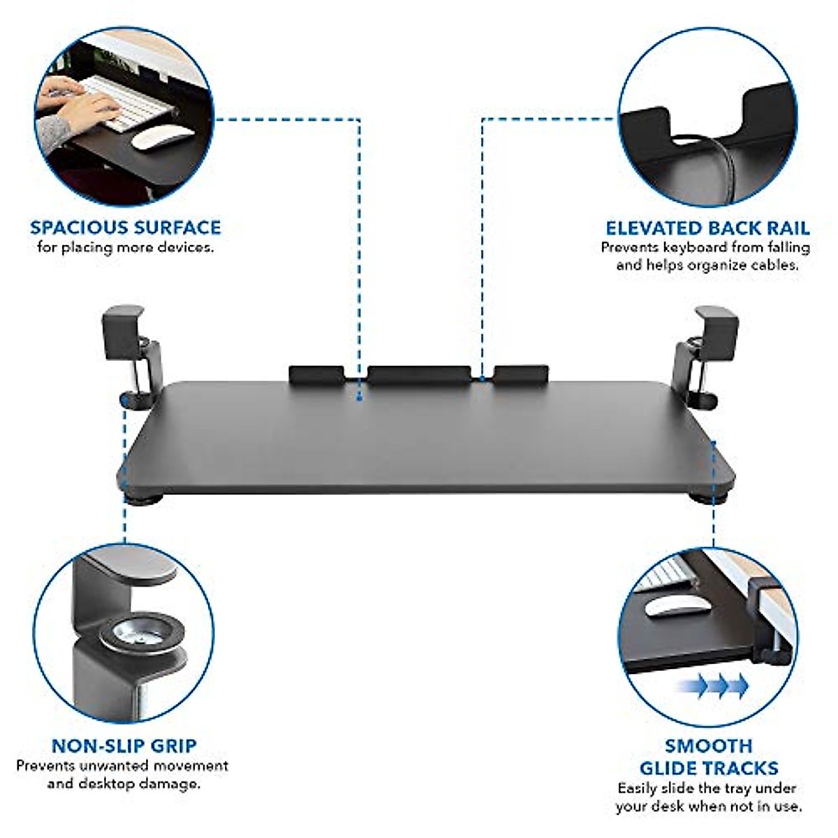 MOUNT-IT! Clamp Keyboard Tray [26.4” x 11.8”] Ergonomic Sliding Under Desk Keyboard and Mouse Platform, Retractable Undermount Drawer, Easy to Assemble with No Screws or Scratches (Black)
