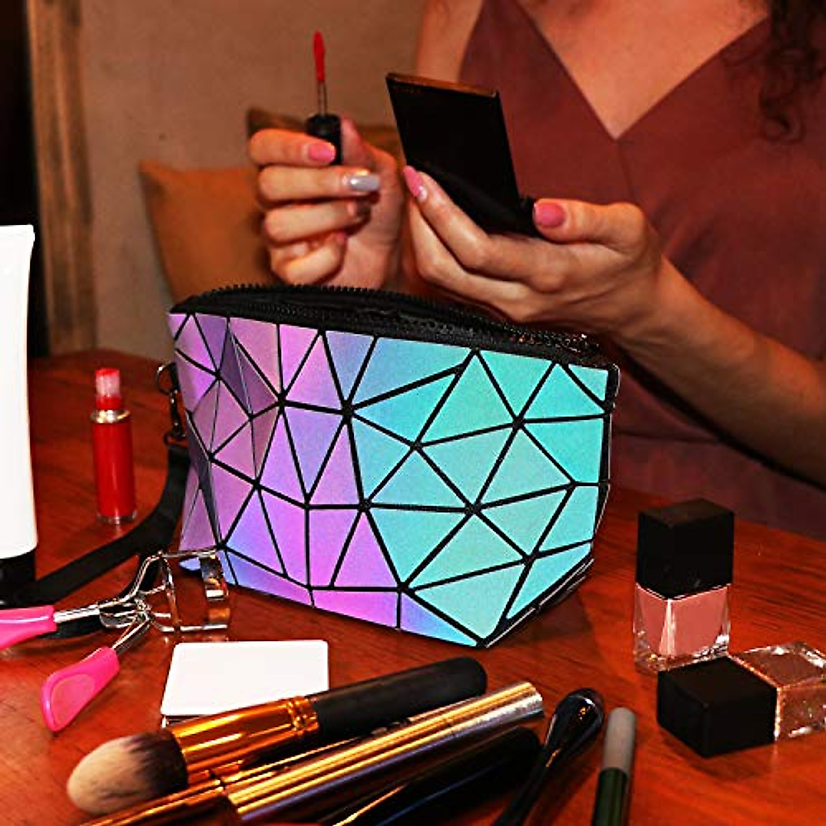 Tikea Makeup Pouch - Small Cosmetic Bag Travel Geometric Luminous Clutch Lattice Reflective Toiletry Beauty Bag Cosmetic Wristlets