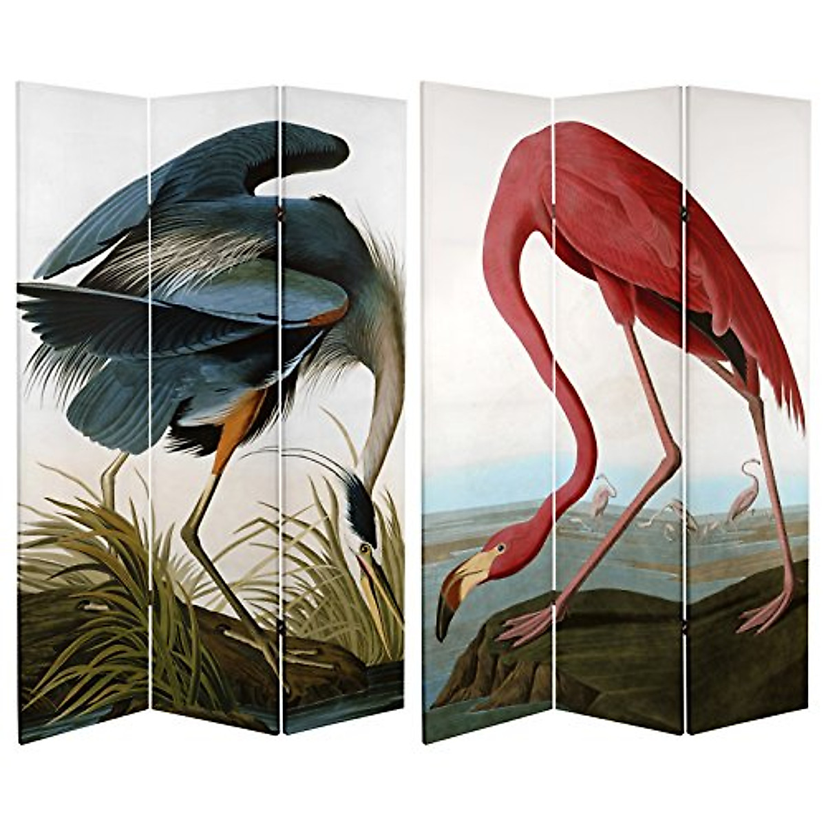 Red Lantern 6 ft. Tall Double Sided Audubon Heron & Flamingo Canvas Room Divider 3 Panel Freestanding Folding Privacy Screen, Partition, and Separator for Modern and Contemporary Bedroom, Home Office