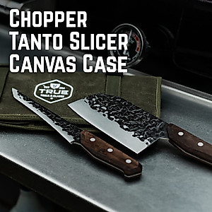 TRUE Primal Forge Knife Kit, Set Includes Two Outdoor Kitchen Prep and Carving Knives, 6.5" Chopper and 7.25" Tanto Conveniently Stored in a Waxed Canvas Roll,Silver