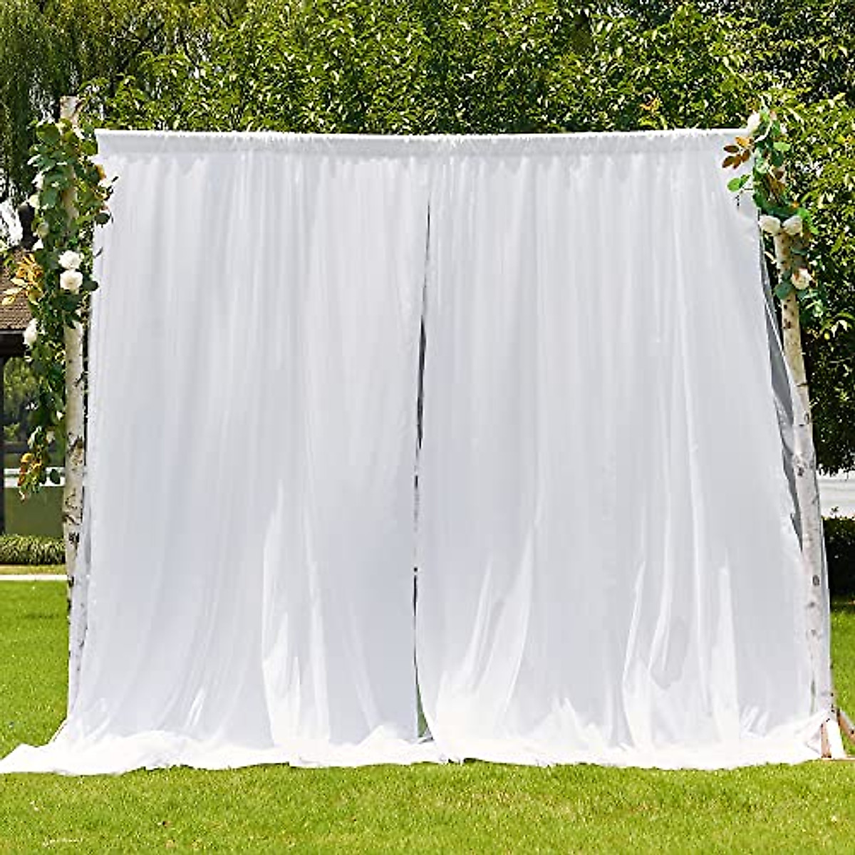 NICETOWN White Backdrop Curtains Overlapped with Tulle Backdrop Background Wall Drapes for Holiday Video Parties Weddings Baby Birthday Party Bridal, Space Divider (5' W x 8' L, 2 Pieces)