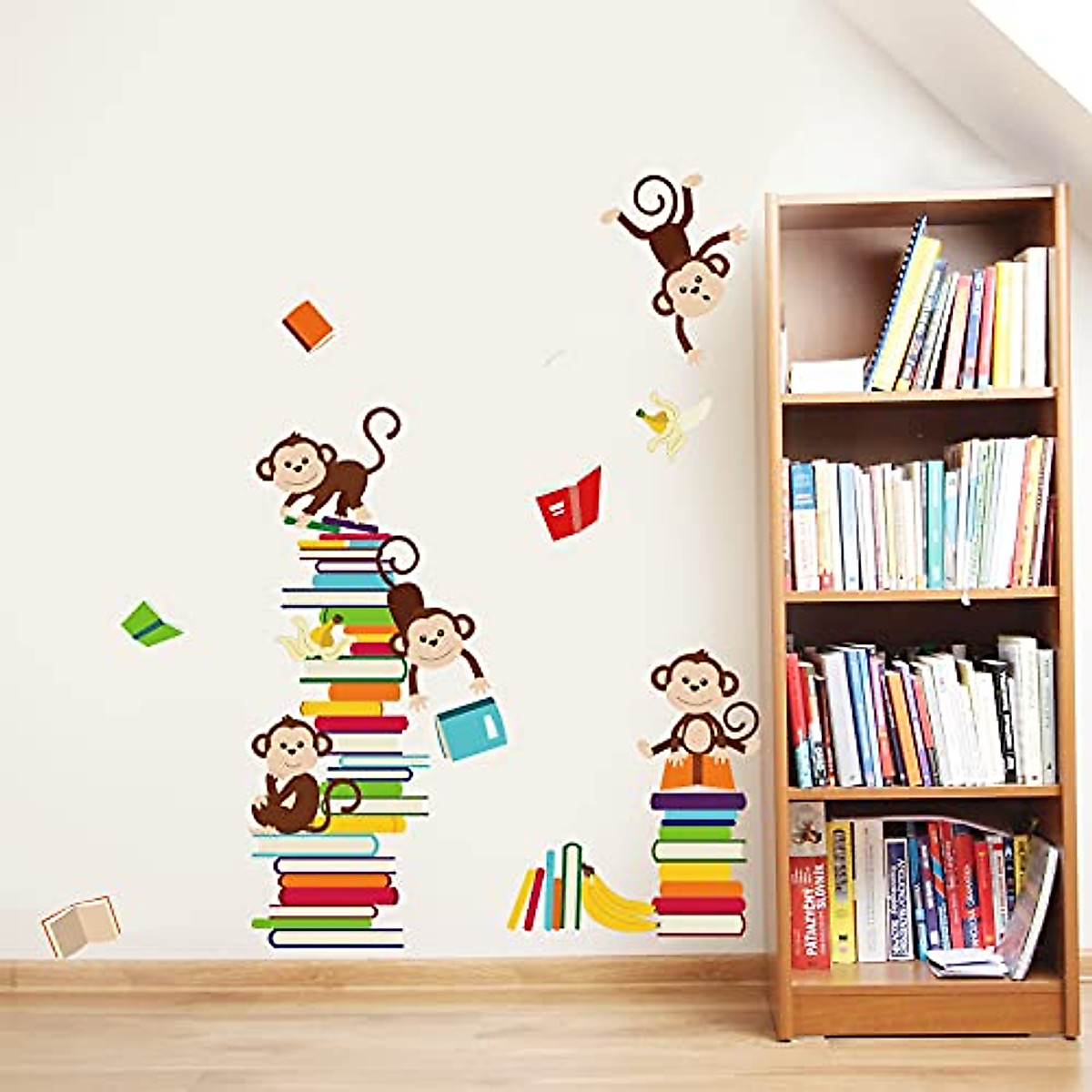 decalmile Monkey Wall Decals Animals Reading Books Wall Stickers Baby Nursery Kids Bedroom Classroom Wall Decor