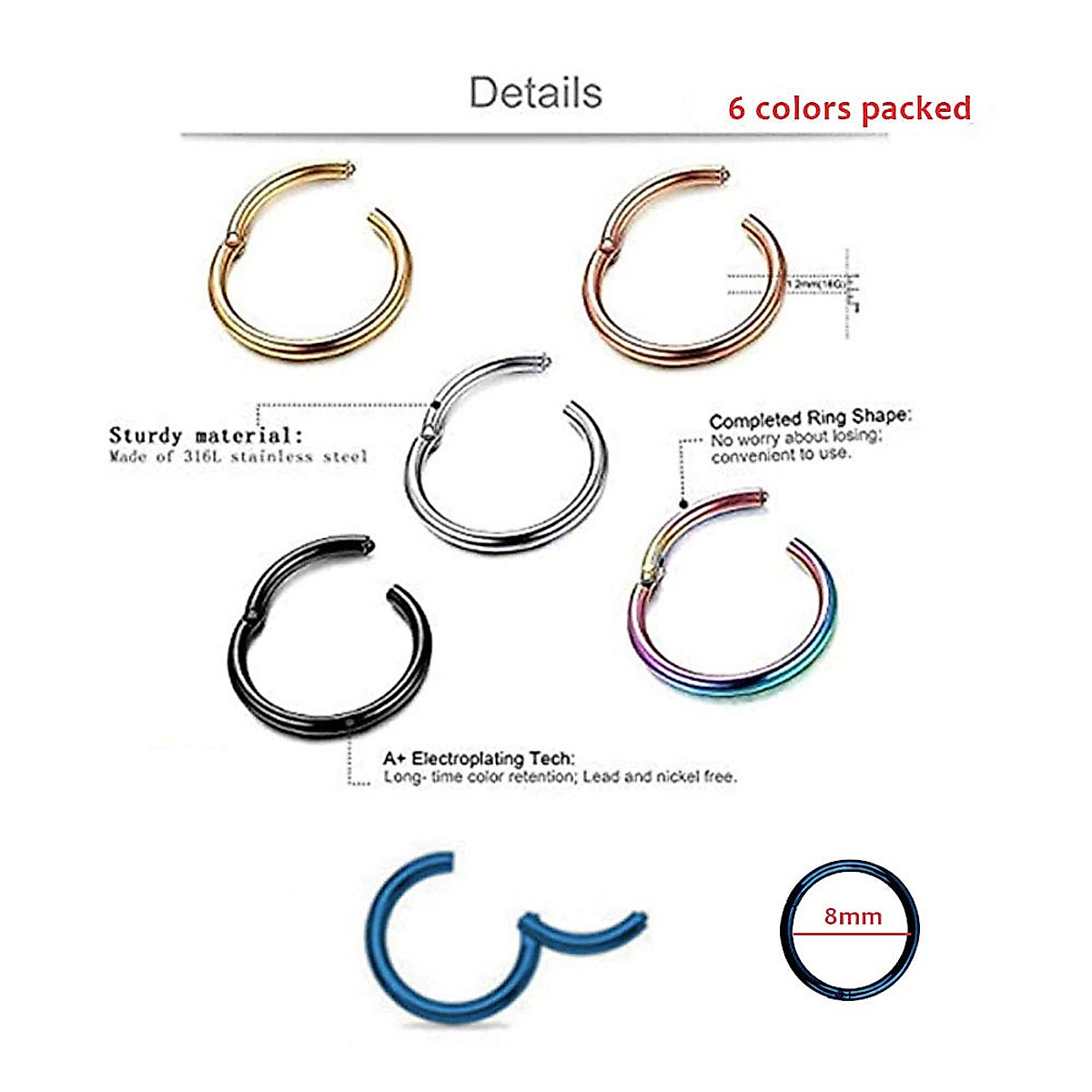 TOPBRIGHT 6 Pcs a Set Seamless Septum Rings Clicker 16G Stainless Steel Hinged Segment Rings for Daith and Lip Piercing (8mm)…