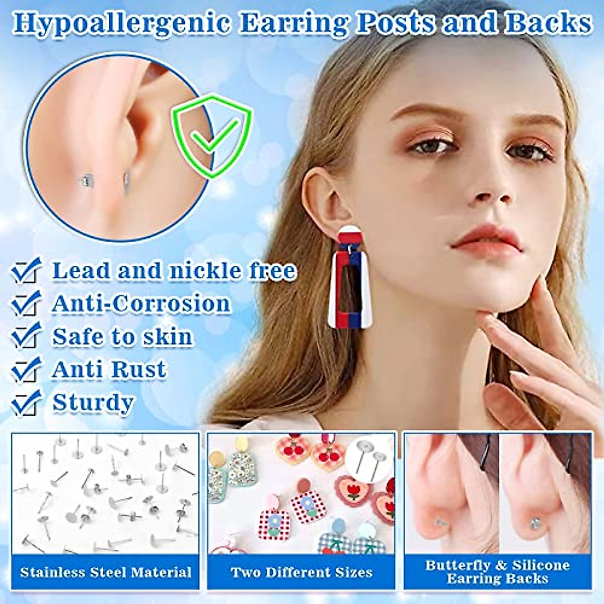 Jewelry Glue with Earring Posts,1002Pcs Stainless Steel Earring Posts with Butterfly and Rubber Earring Backs, Hypoallergenic Stud Earring Posts with Glue for Jewelry Making DIY Earring Kit