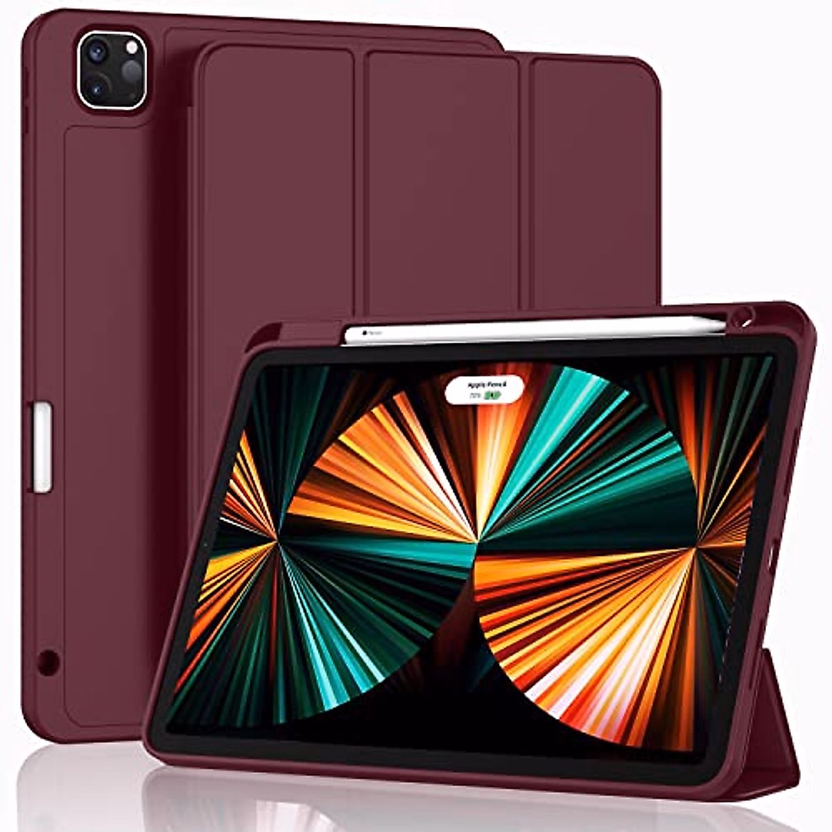 ZryXal New iPad Pro 12.9 Inch Case 2022/2021/2020(6th/5th/4th Gen) with Pencil Holder,Smart iPad Case [Support Touch ID and Auto Wake/Sleep] with Auto 2nd Gen Pencil Charging (Wine)