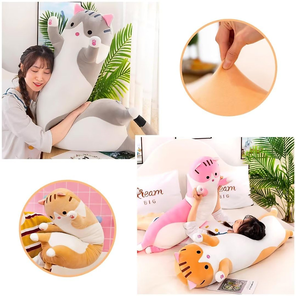 SHINUOER Long Cat Plush Pillow Cat Body Pillow,Pink Cat Stuffed Animals Soft Plushies Kawaii Stuffed Kitten Plush Toy for Kids Girlfriend(Pink, 19.7Inch)