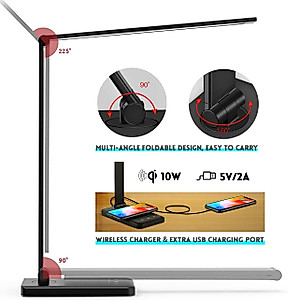 JOSTIC LED Desk Lamp with Wireless Charger, USB Charging Port, Desk Lighting with 10 Brightness, 5 Color Modes, Dimmable Eye Caring Reading Desk Light for Home Office, Touch Control, Auto Timer, Black