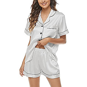 Eilshoji Pajamas for Women Shorts Set, 2 Piece Satin Silk Sleepwear Pj Lounge Sets (White,M)