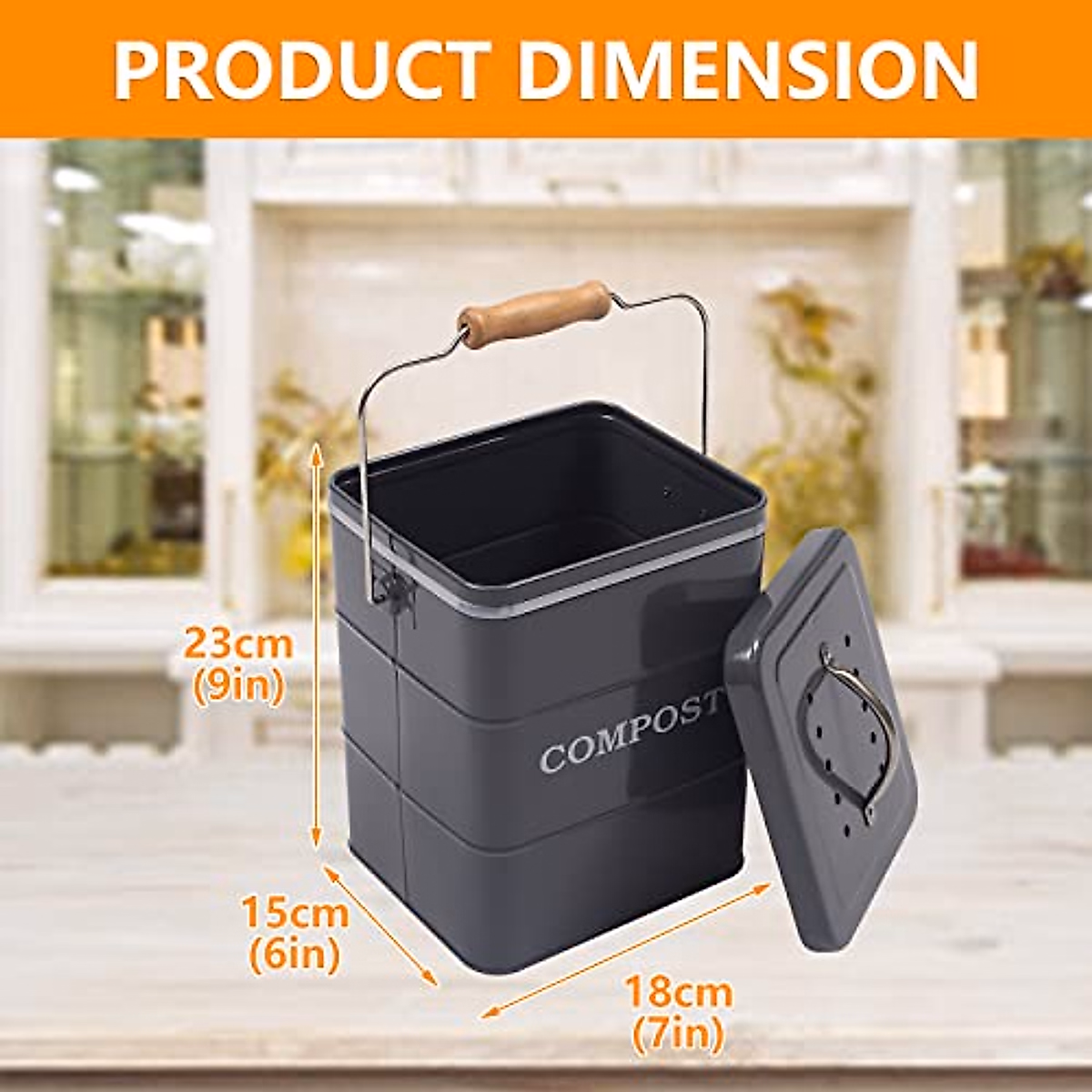 Compost Bin Kitchen Countertop Indoor Compost Pail Bucket, Great for Food Scraps, Carbon Steel, Handles, Gray, 1 Gallon - Includes Charcoal Filter