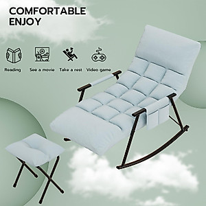 Apelila Rocking Chair with Footrest, Water Resistant Fabric, Folding Rocking Recliner Chair Nursery with Side Pocket & Adjustable High Back, Perfect for Gardens, Patios (Light Blue)