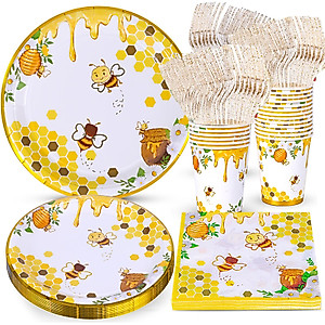 Bee Party Supplies, Bee Plates and Napkins, Bee Party Plates, Cups, Napkins and Cutlery, Bee Party Decorations for Baby Shower, Bee Birthday, Happy Bee Day, Serves 24