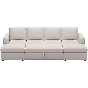 Belffin U Shaped Sectional Sleeper Sofa with Pull Out Bed Convertible Velvet Modular Sectional Couch Bed with Storage Ottoman Beige