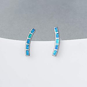 WINNICACA Ear Crawler Climber Earrings Sterling Silver Created Blue Fire Opal Slender Small Bar Stud Earrings Gifts for Women