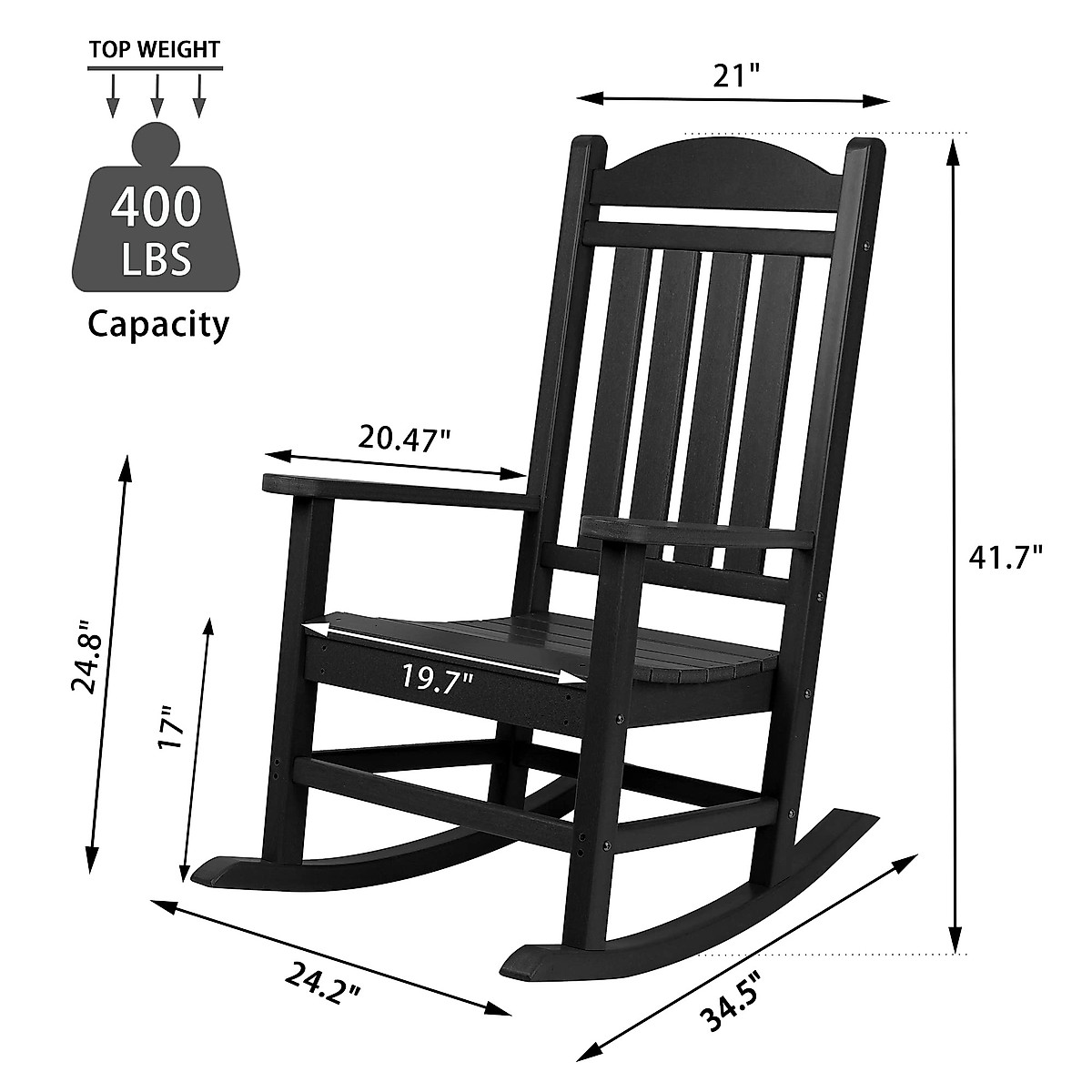 Betterhood Presidential Rocking Chair, High-Density polyethylene Outdoor Rocker Chair, Oversized Patio Chair for Garden Lawn with 400lbs Support, Black