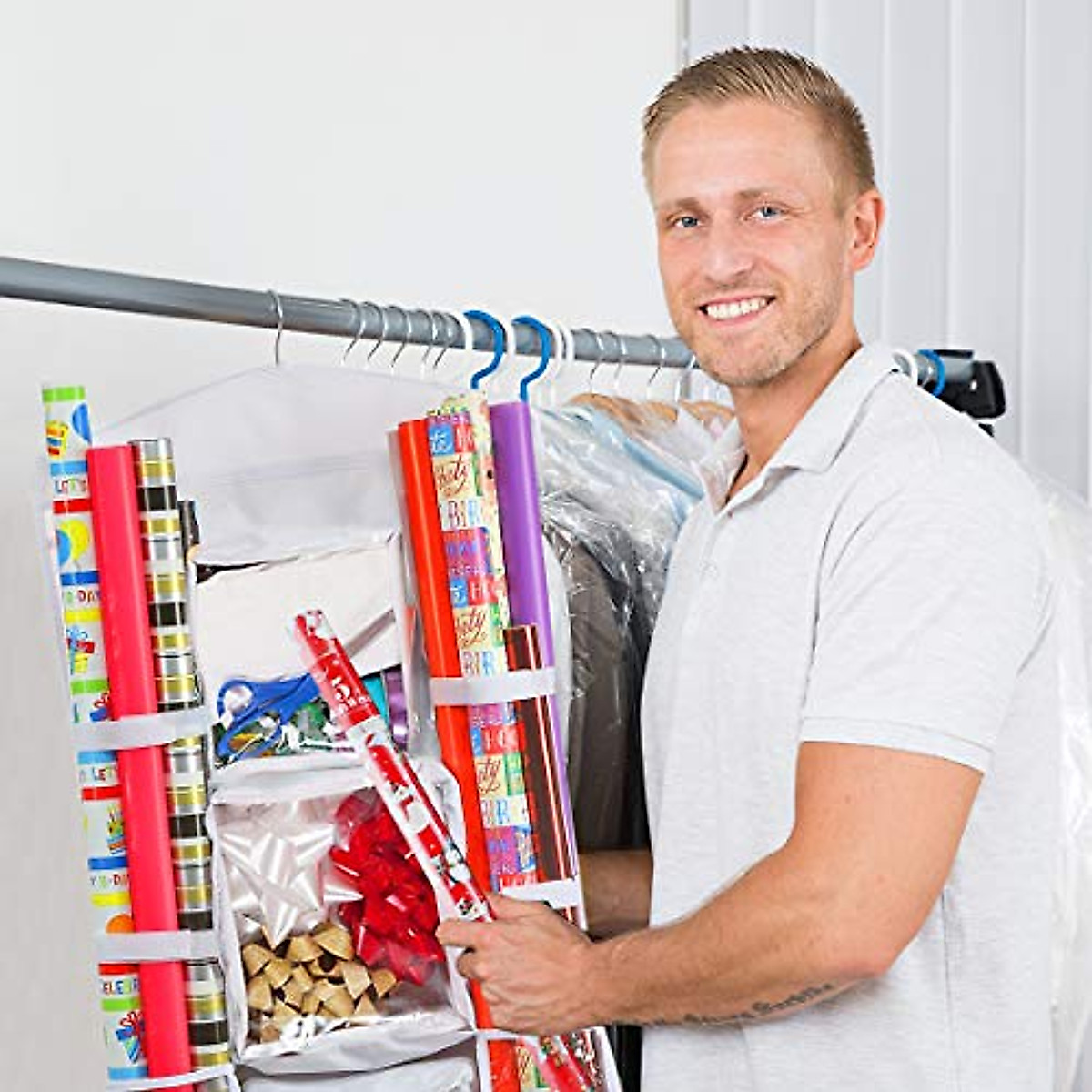 ProPik Hanging Double Sided Wrapping Paper Storage Organizer With Multiple Front And Back Pockets Organize Your Gift Wrap & Gift Bags Bows Ribbons 40”X17 Fits 40 Inch Rolls (White)