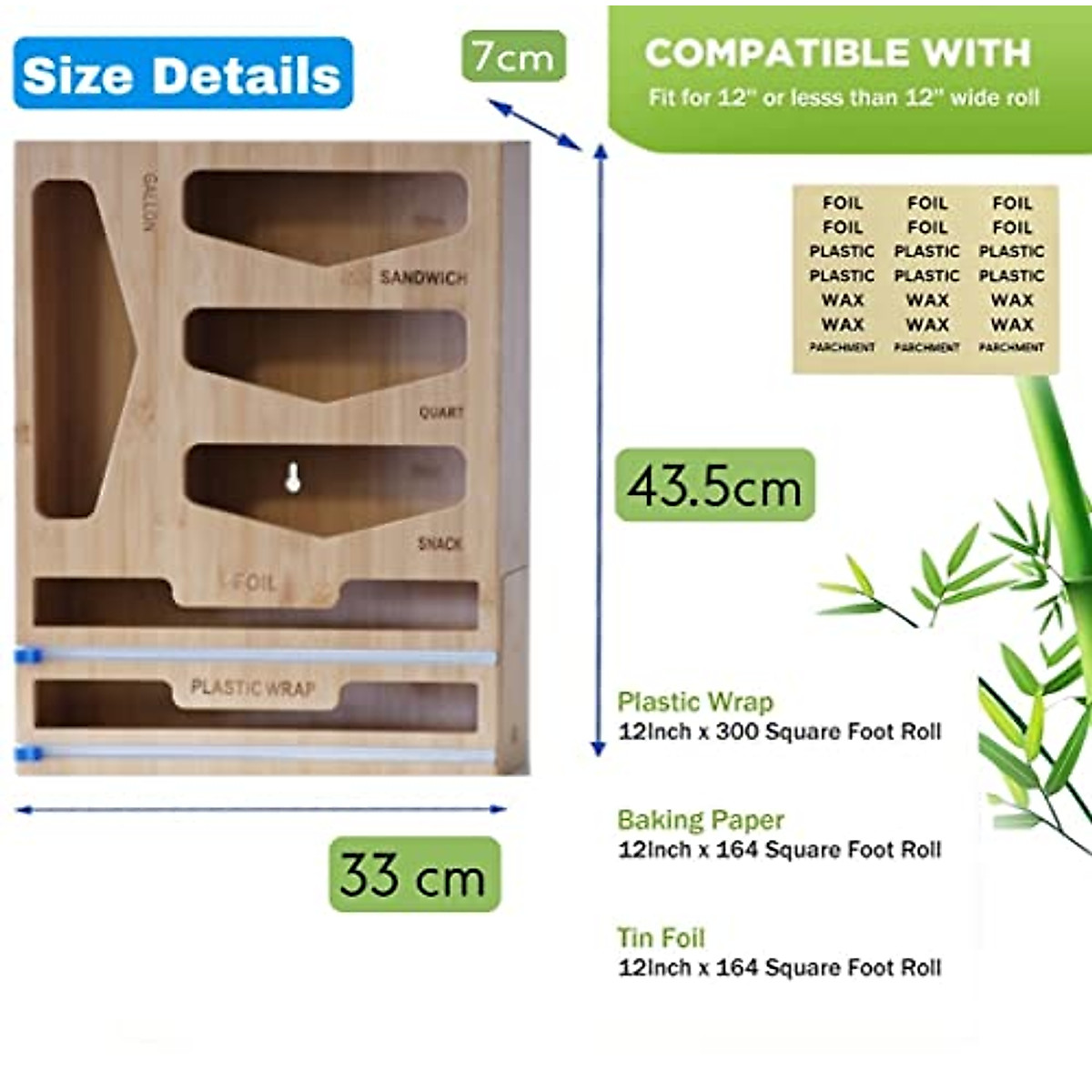 Foil And Plastic Wrap Organizer With Cutter & Ziplock Bag Storage, Baggie Food Holders For Sandwich, Snack Gallon, Quart Bag, Bamboo Aluminum Dispenser Labels, 43*33*7