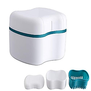 Denture Bath Case with Basket Denture Bath Cleaning Box Container Soaking Cup Cleaner Retainer Case Holder for Dentures for False Teeth (B)
