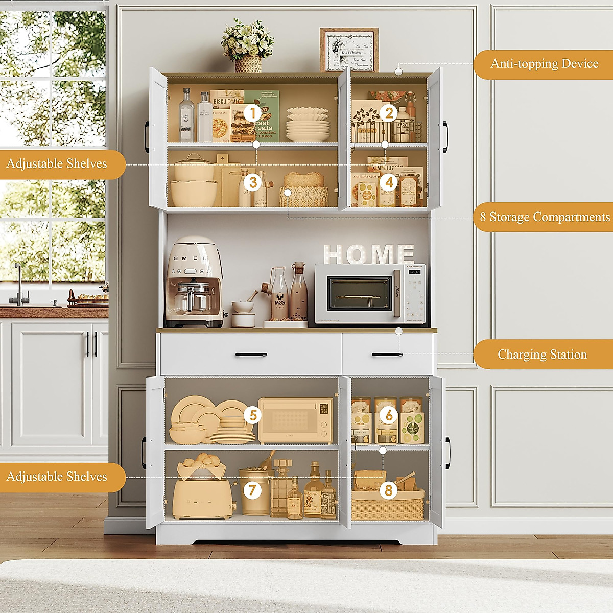 HOSTACK 71" Pantry Cabinet with Charging Station, Tall Kitchen Pantry Storage Cabinet with Microwave Stand, Farmhouse Kitchen Hutch Cabinet with Storage Drawers for Living Room, Dining Room, White