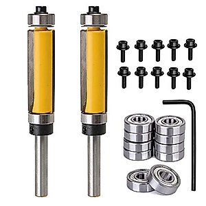 Yakamoz 2Pcs 1/4'' Shank Top and Bottom Bearing Guide Flush Trim Pattern Router Bit Set Woodworking Cutter Tool with 10 Pcs Top Mounted Replacement Bearings